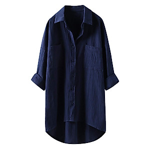 aihihe Womens Boyfriend Button Down Shirts Plus Size Loose Fit 3/4 Sleeve Shirts Cotton Linen Tops Blouses Tunics Blue