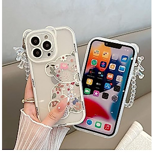 CHEAP SUNDAY for iPhone 13 Floral Bear Clearcase with Flower Design Aesthetic Phone Case for iPhone 13 Womens Girly Glitter Cute Shockproof Protective Cover with Phone Holder (Bear Design)
