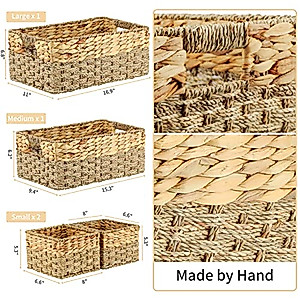 Graciadeco Pantry Organization and Storage Baskets for Shelves Nesting Hand-Woven Water Hyacinth & Seagrass Baskets for Organizing Kitchen with Handles, 4 Sets