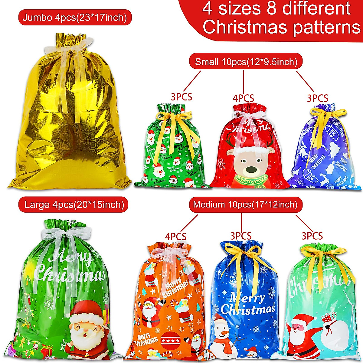 28 PCS Christmas Drawstring Gift Bags, Santa Gift Bags Wrapping Bags with Ribbon Tie, Large Medium Small Sizes, and 8 Designs for Xmas Holiday Presents and Christmas Party Supplies