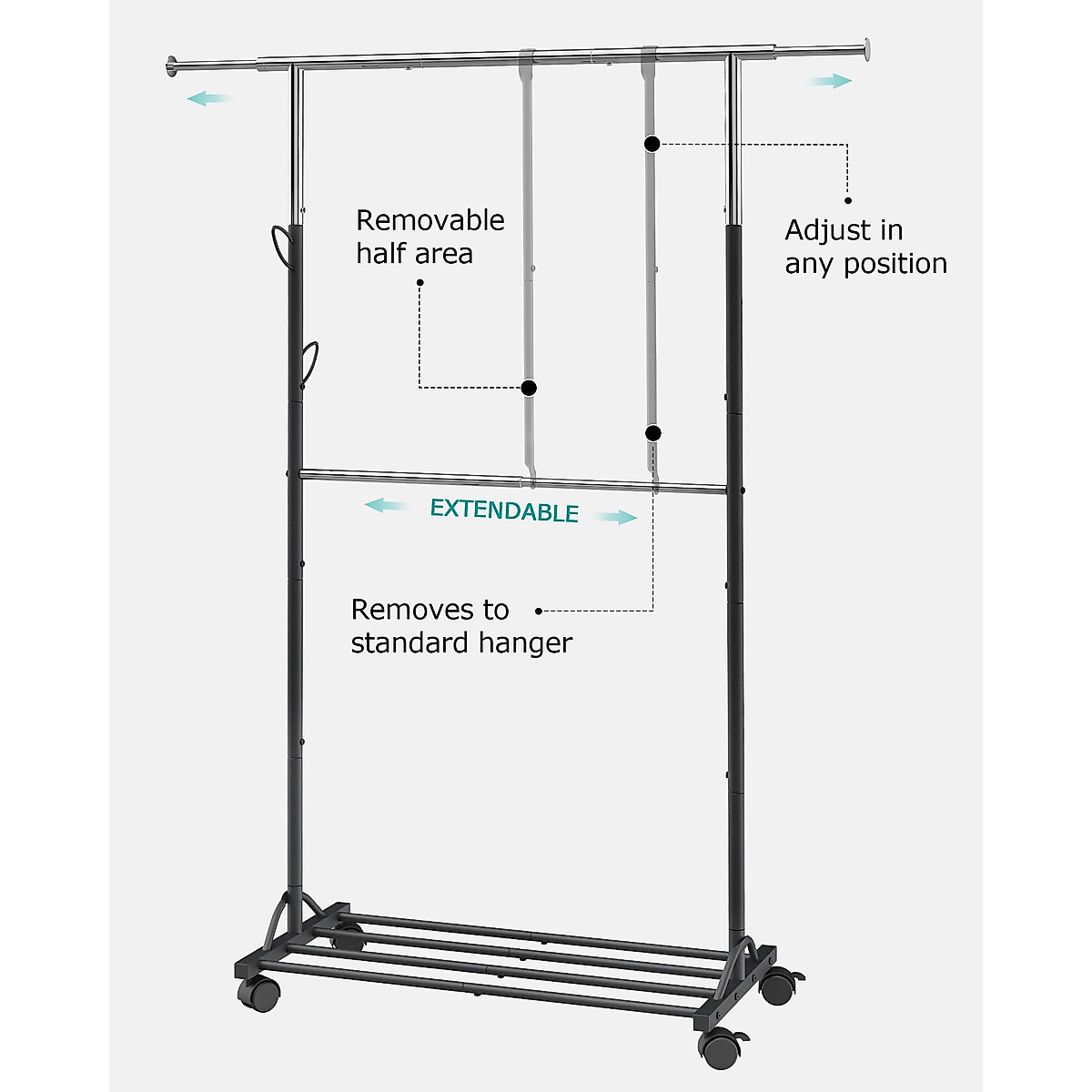FAVOOSTY Clothing rack adjustable for kids, Heavy Duty Double Rod Design,Garment Rack Rolling, Clothes Organizer on Wheels, Clothes Rack Hanging Dismantle, Extra Space, Pants Scarves Dress Suits Black