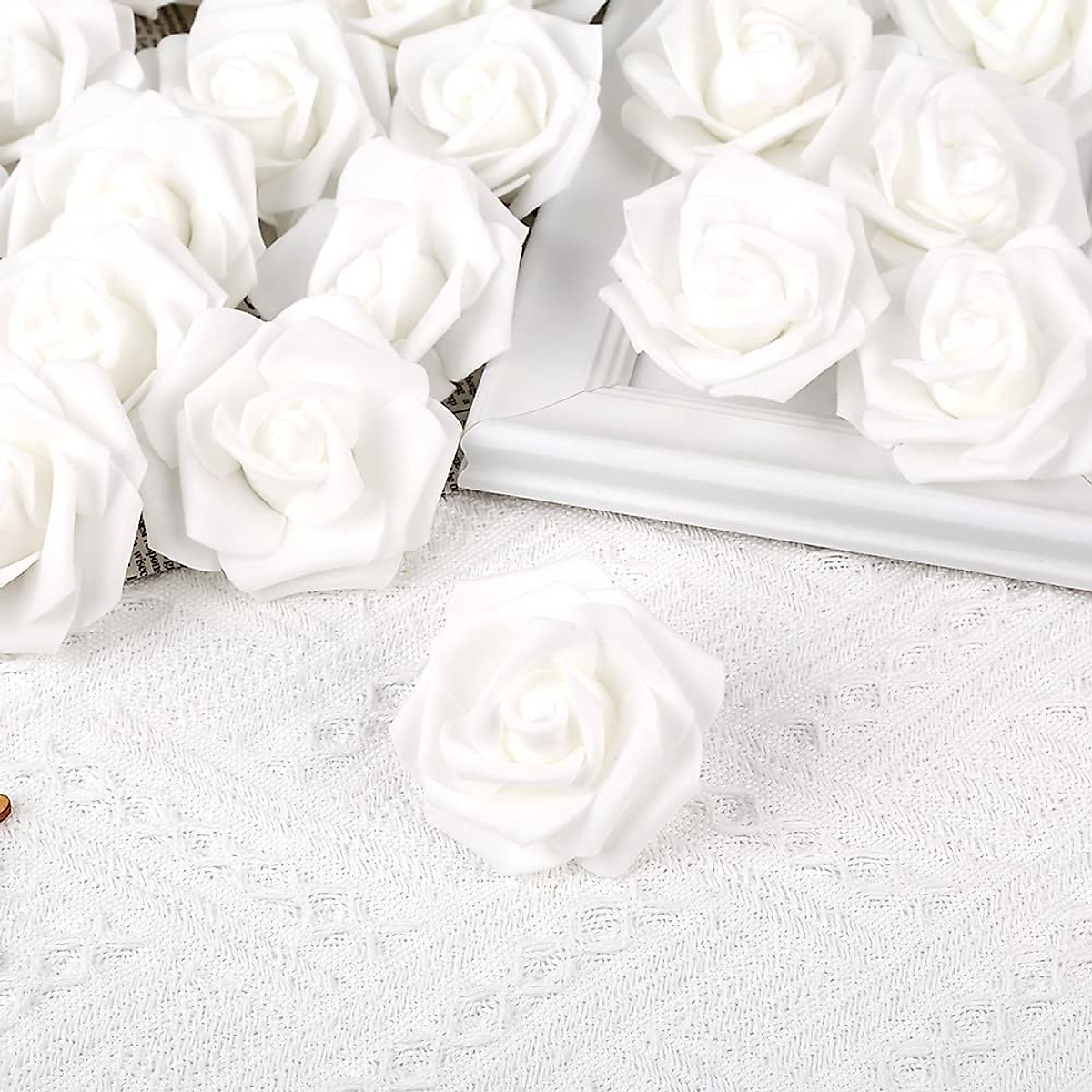 IPOPU 100 Pcs Artificial Rose Flower Heads Real Looking White Foam Fake Roses for DIY Wedding Baby Shower Centerpieces Arrangements Party Tables Home Decorations (White 1, Stemless)