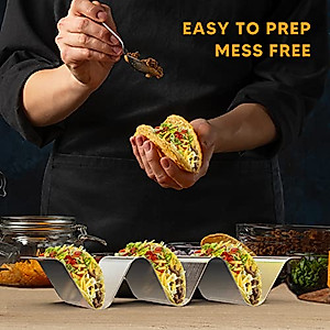 Taco Holder, Taco Stand, Taco Holders Set of 4, Stainless Steel Taco Rack with Handles, Each Metal Taco Tray Plates Holds Up to 2 or 3 Hard or Soft Taco Shells, Oven Grill and Dishwasher Safe