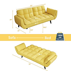 Majnesvon Velvet Futon Sofa Couch Bed with 2 Pillows, Convertible Folding Futon Couch with Adjustable Backrest, Love Seat Sleeper Sofa Bed for Small Spaces, Living Room, Office, Apartment (Yellow)