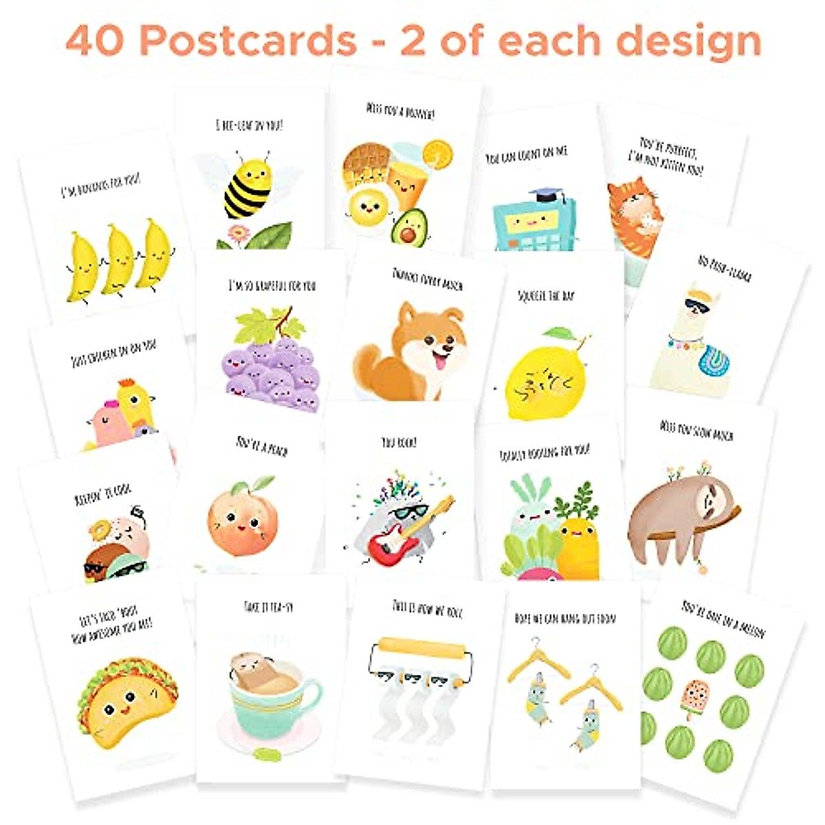 40 Funny Postcards Punny Puns - Bulk Thinking of You Postcard Pack for Friends, Family, Kids, Students, Teacher, and More - Say Hello, Thank You or I Miss You with Hilarious Animals and Food Cartoon Note Cards