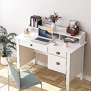 Computer Desk with 3 Storage Drawers and USB Port, Wood Frame Home Office Desk with Large Desktop Surface, Vintage Executive Desk Writing Study Table with Hutch Shelf, Oak White