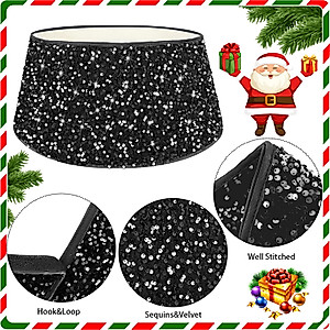 FANPROMS Black Christmas Tree Collar 23.6 Inches Diameter Base Glittery Sequins Xmas Tree Ring for Rustic Artificial Tree Skirt Woven Tree Bark Collar Thick Velvet Tree Cover Supply