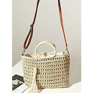 Straw Woven Handbag for Women Lightweight Casual Straw Crossbody Bag Purse Handmade Straw Tote with Tassel