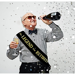 JPACO The Legend Has Retired Sash – Elegant Black and Gold Foil Legendary Sash for Both Women and Men & a Large Gold Safety Pin. Perfect for Retirement Parties