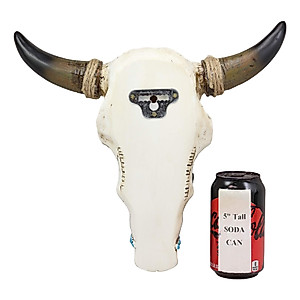 Ebros 13.25" Wide Western Star Tooled Leather Steer Bison Buffalo Bull Cow Horned Skull Head With Turquoise Beads Wall Mount Decor Replica Native Animal Totem Bust Skulls Hanging Plaque Sculpture