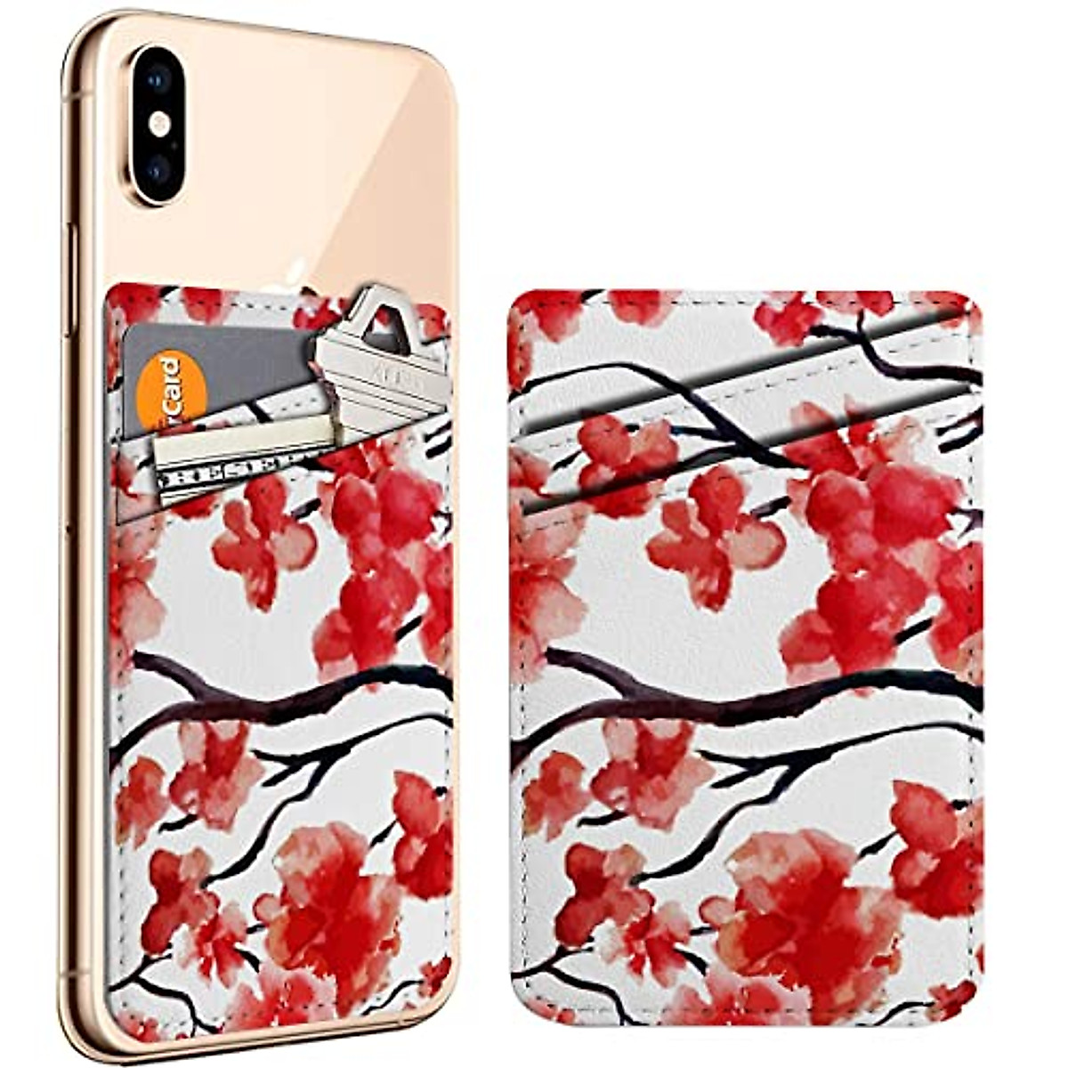 Diascia Pack of 2 - Cellphone Stick on Leather Cardholder ( Japanese Cherry Blossom Sakura Tree Pattern Pattern ) ID Credit Card Pouch Wallet Pocket Sleeve