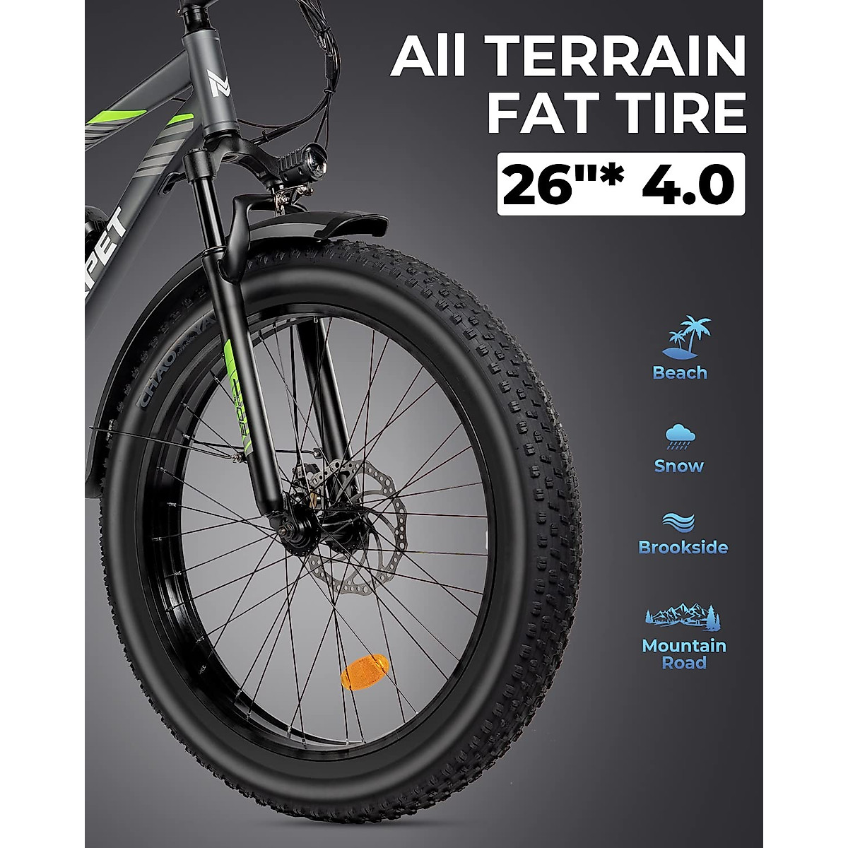 Mukkpet Suburban Electric Bike for Adults 500W Electric Mountain Bikes 26'' * 4.0 All Terrain Tire Electric Bicycle 48V 13AH BMS Removable Lithium Battery Shimano 7-Speed Electric Bike