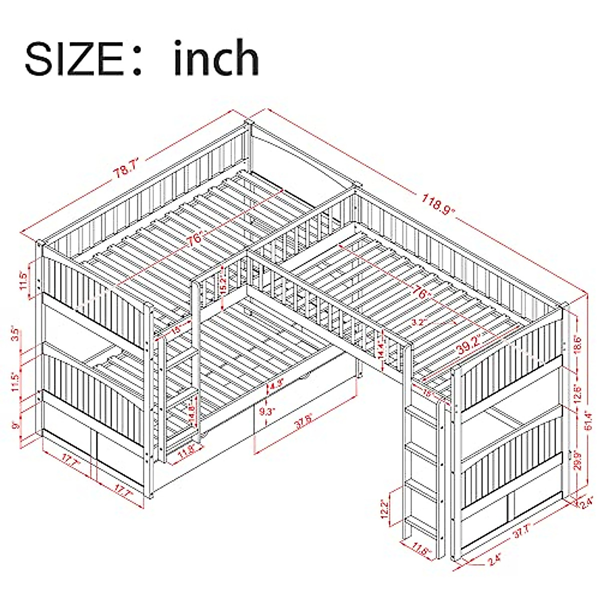 Triple Bunk Beds, L-Shaped Bunk Beds for 3 with Storage Drawers, Twin Loft Bed and Twin Over Twin Wood Bunk Bed with Storage for Kids Boys Girls Teens Adults, No Box Spring Needed, Gray