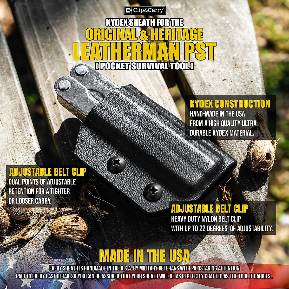 Clip & Carry Kydex Multitool Sheath for the Leatherman PST - Made in USA - EDC Multi Tool Sheath Holder Holster Cover - Black