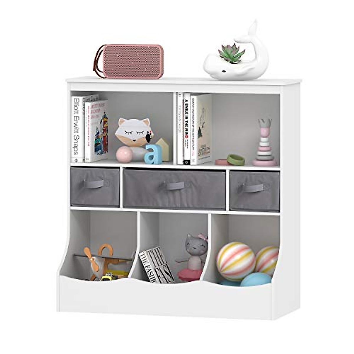 UTEX Toy Storage Organizer with Bookcase, Kid’s Bin Storage Unit with 8 Compartments &3 Baskets Bins, Toys Box Organizer, Kid’s Multi Shelf Cubby for Books,Toys,White