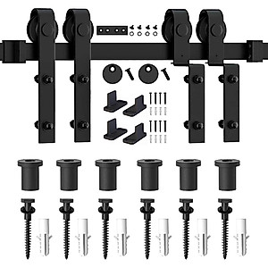 WINSOON 8FT Single Track Bypass Barn Door Hardware Double Doors Kit with 2PCS 12 Inch Sliding Barn Door Handles Black Hardware