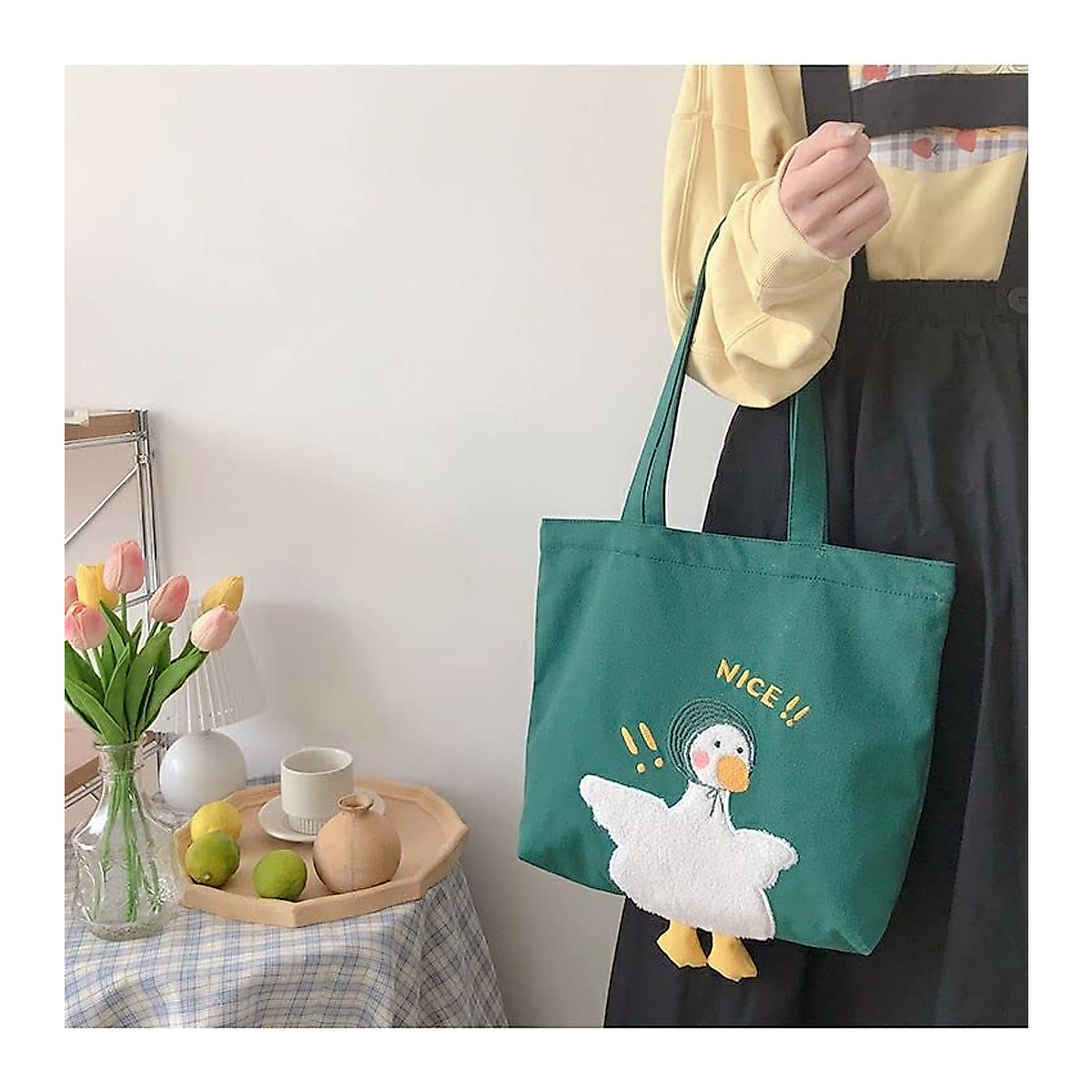 SALLYOON Kawaii Purse Cute Tote Bag Aesthetic Funny Duck Shoulder Handbags for School Grocery (Green 1)