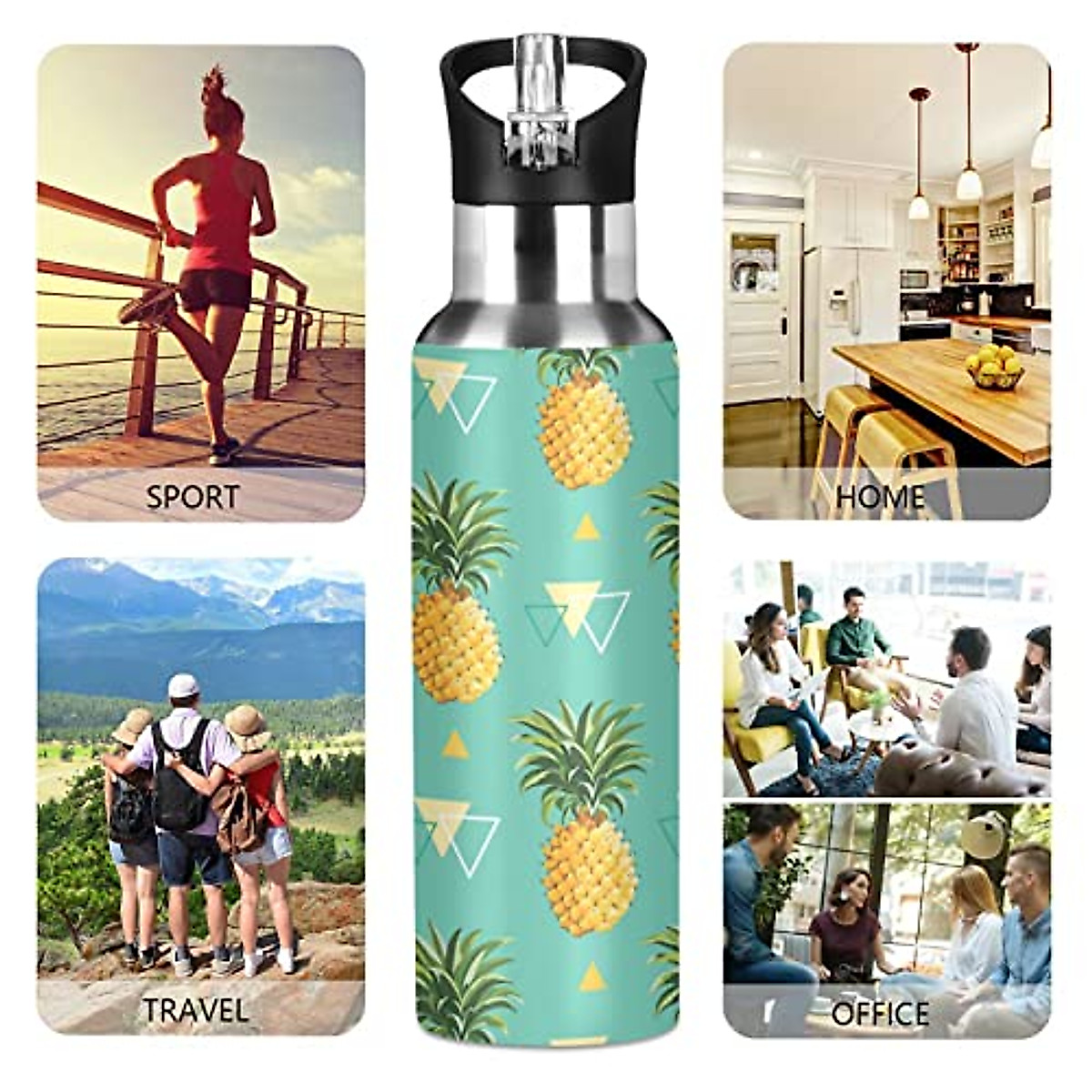 Sports Water Bottle - BPA Free Leakproof Vacuum Pineapple and Triangle Pattern Insulated Stainless Steel Water Jug, Thermo Bottle with Straw Lid for Gym, Kitchen, Working, Outdoor Sport