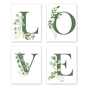 Sweet Jojo Designs Floral Leaf Wall Art Prints Room Decor for Baby, Nursery, and Kids - Set of 4 - Green and White Boho Watercolor Floral Leaf Botanical Woodland Tropical Garden