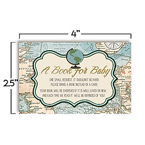 Adventure Awaits World Traveler Gender Neutral “Bring A Book” Cards for Baby Showers, 20 2.5 by 4 Inch Double Sided Insert Cards by AmandaCreation, Invite Guests to Bring A Book for the Baby
