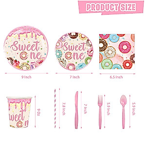 LXlucktim Donut Birthday Party Supplies for 1 Year Old Girl, 202 Pcs Sweet One Party Decorations for Girls Baby - Table Cover, Plates, Cups, Napkins, Utensils, Serves 25 Guests