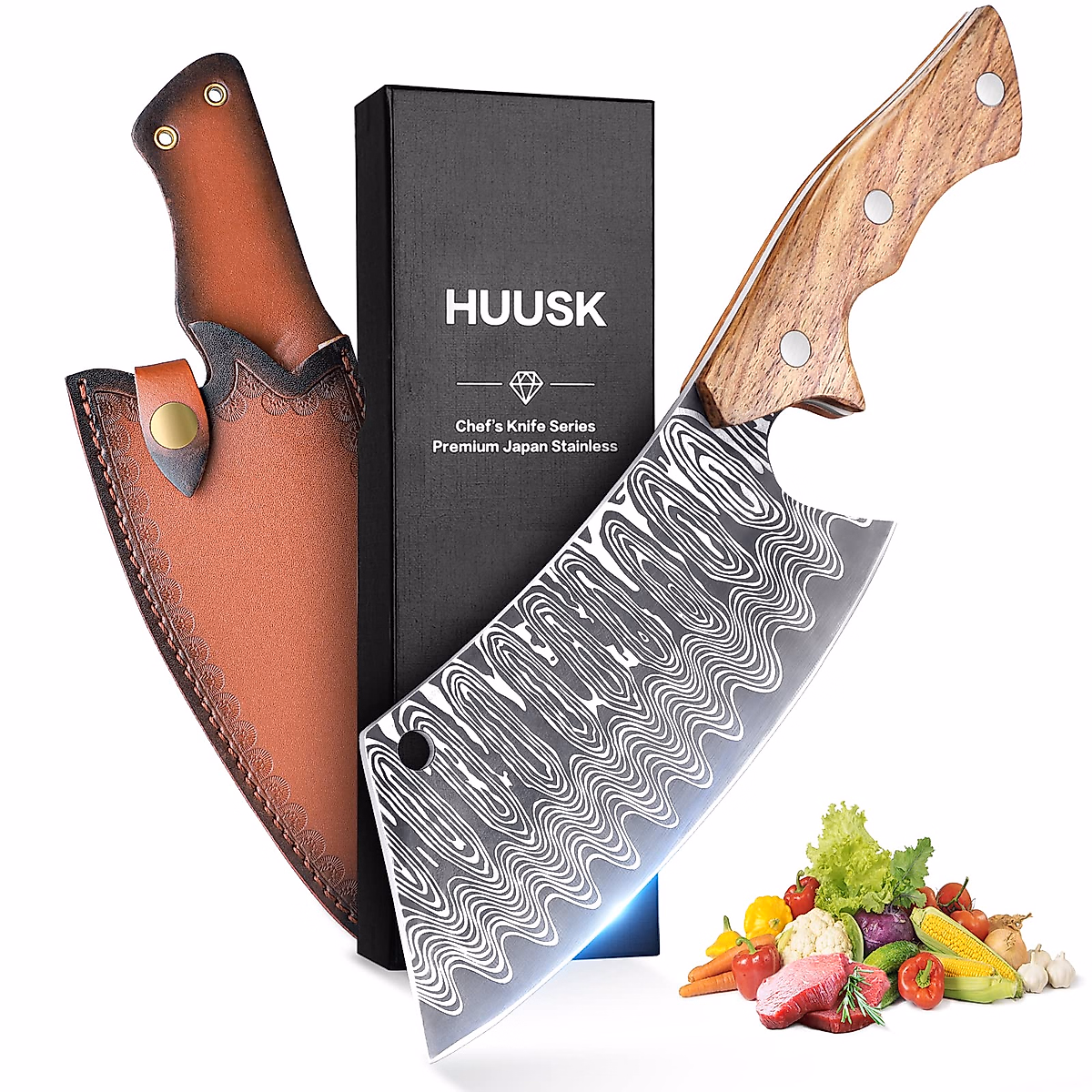 Huusk Japan Knife, Hand Forged Meat Cleaver Knife Japanese Kitchen Knife with Sheath Cooking Butcher Knife for Meat Cutting Vegetable Cleaver for Kitchen, Camping Thanksgiving Christmas Gifts