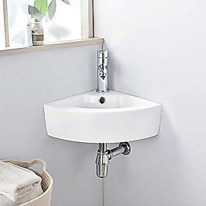 VASOYO Small Corner Bathroom Sink Wall Mount White Triangle Porcelain Ceramic Above Counter Mini Wall Vanity Vessel Sinks with Single Faucet Hole and Overflow