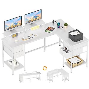 Korfile L Shaped Computer Desk with Power Outlets, Home Office Desk with 4 Adjustable Storage Drawers, Corner Desk with 2 Monitor Stands, Two Person Gaming Desk for Bedroom, 59 inch, White