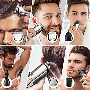 PRITECH 6 in 1 Beard Trimmer for Men Electric Hair Clipper Cordless Mens Grooming Kit, Hair Trimmer & Mustache Trimmer & Nose Hair Trimmer& Micro Shaver Waterproof LED Display(Silver)