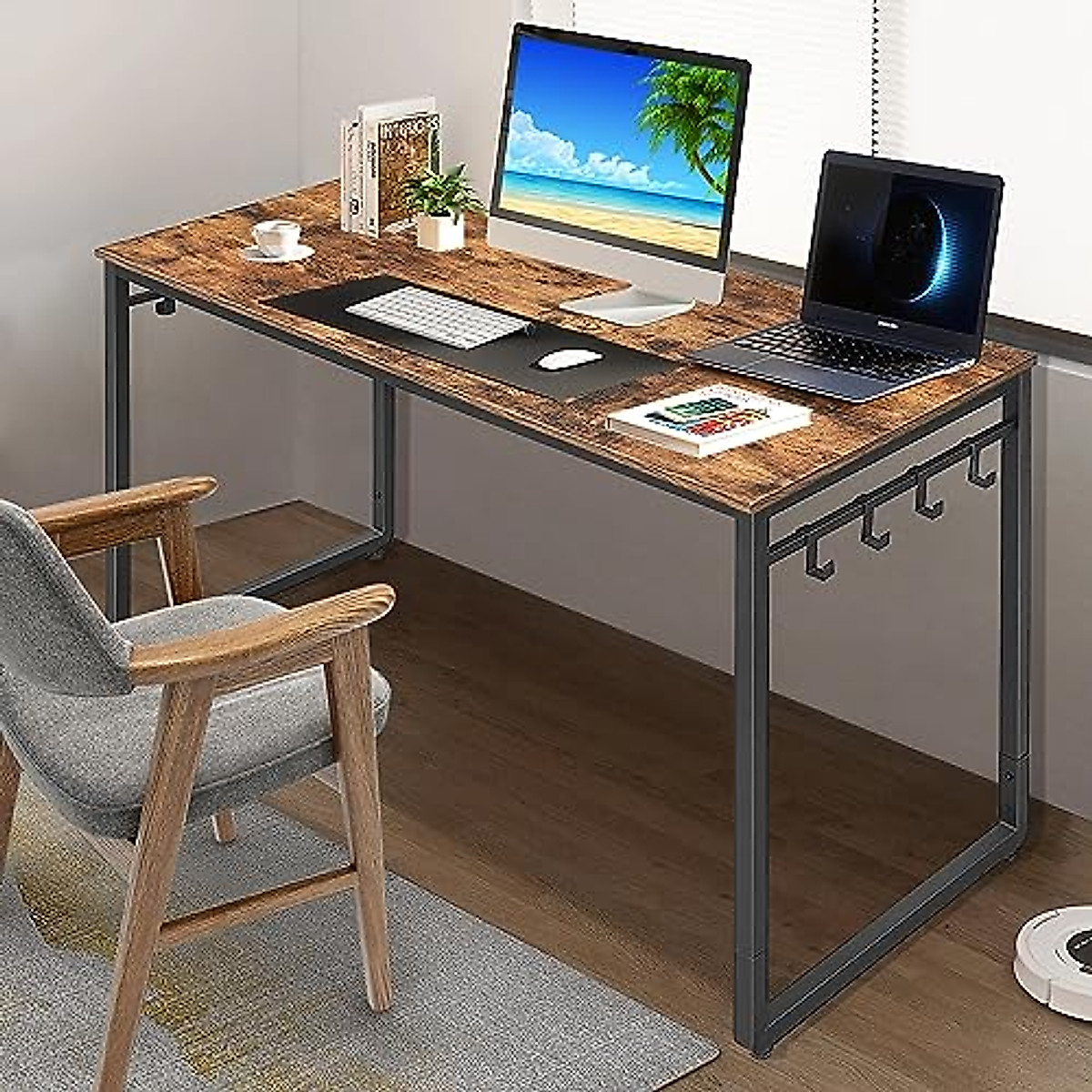 Zanzio Computer Desk with 8 Storage Hooks, 51.1 Inches Simple Style Home Office Desk Writing Study Table with Stable Metal Frame, Easy Assembly, Vintage Brown