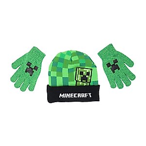 Minecraft Creeper Peep Kids Beanie Hat Cap and Gloves Set New Green