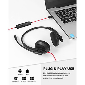 NUBWO HW03 USB Headset with Noise Canceling Microphone for PC, in-line Controls, Lightweight Wired Headset for PC, Mac, Laptop on Home, Office, Classroom, Chat, Online Class, Meeting