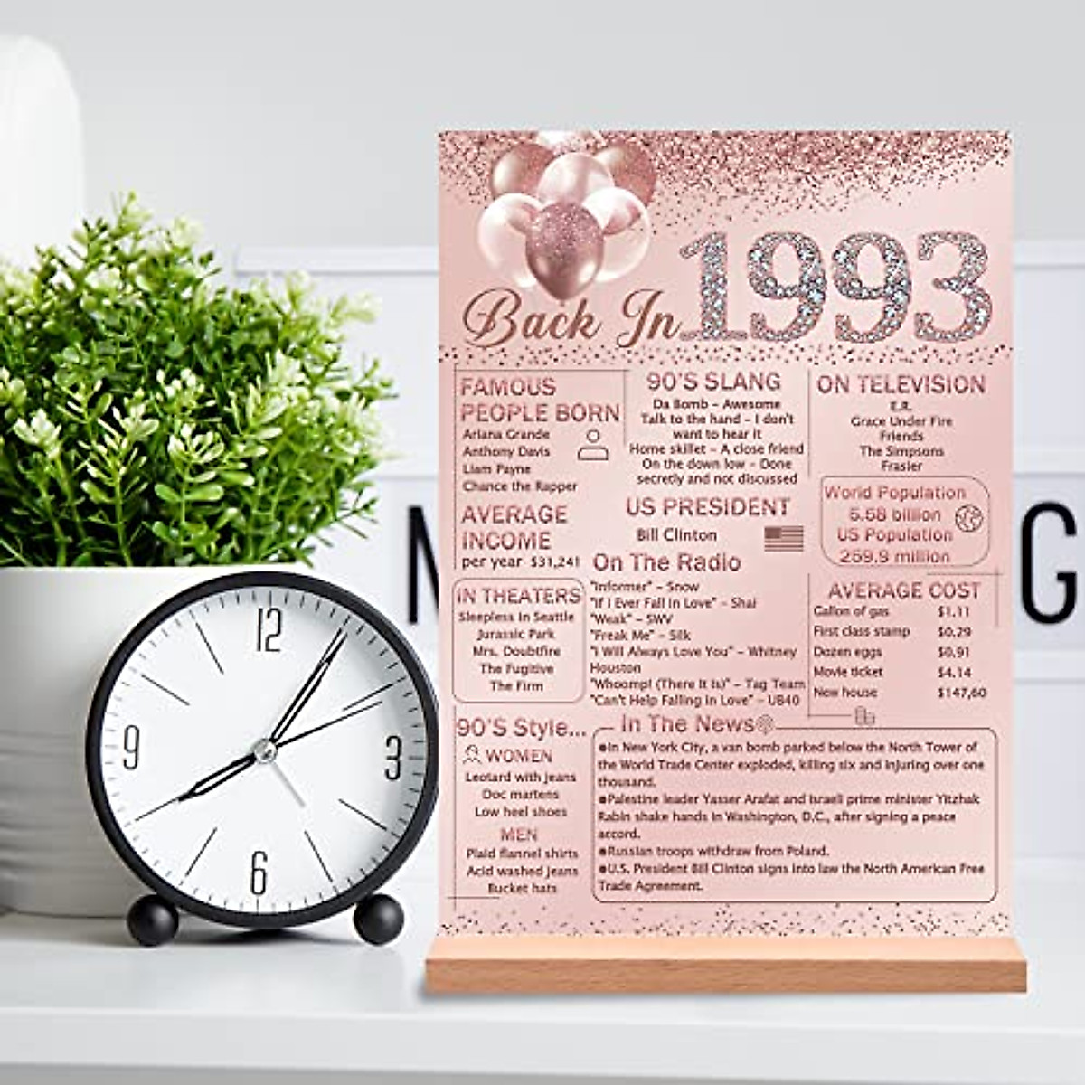 Vlipoeasn Pink 30th Birthday Anniversary Table Decoration 1993 Poster for Women, Rose Gold Back in 1993 Acrylic Table Sign with Wooden Stand, 30 Year Old Birthday Party Centerpieces Gift Supplies