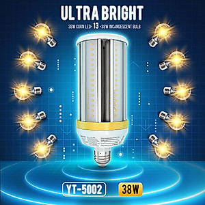 Snyloe 38W LED Corn Light Bulb, 5000LM 5000K Daylight, E26/E39 Base, Super Bright, Equivalent to 500W HPS, Suitable for Outdoor, Indoor, Garage, Factory, Yard, YT-5002