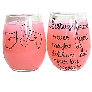Sisters Long Distance Sister Wine Glass, Personalized Sister Gift, All Countries and States Available Hand Painted Stemless Wine Glass