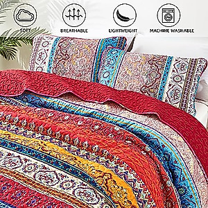 Boho Quilt Set Queen Size, Bohemian Red Strip 3 Pieces Bedspread Set Lightweight Microfiber All Season Christmas Bedding Coverlet Set for Queen Bed (96"x90")