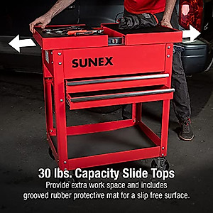 Sunex 8035R Red Compact Slide Utility Cart, Locking Slide Top, Swivel/Locking Casters, 18 Gauge Steel, Latching Drawers, 450-Pound Capacity