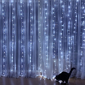 HOME LIGHTING Window Curtain String Lights, 300 LED 8 Lighting Modes Fairy Copper Light with Remote, USB Powered Waterproof for Christmas Bedroom Party Wedding Home Garden Wall Decorations, Cool White