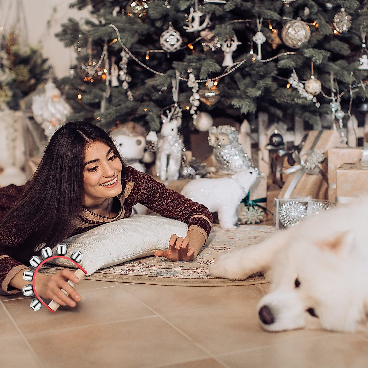 6 Pieces Christmas Caroling Sleigh Bells Handheld Sleigh Bells Instrument Handheld Jingle Ring Sleigh Bells Musical Bell Instrument Wooden Handle Bells for Christmas Valentines Crafts Decor (7 Bells)