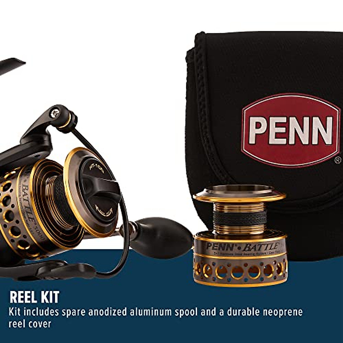 PENN Battle Spinning Reel Kit, Size 3000, Includes Reel Cover and Spare Anodized Aluminum Spool, Right/Left Handle Position, HT-100 Front Drag System