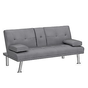 Verfur Convertible Futon Bed with Cupholders,Modern Upholstered Loveseat Sleeper, Folding Lounge Recliner Comfy Sofa & Couches with Removable Soft Armrest for Small Places, Gray