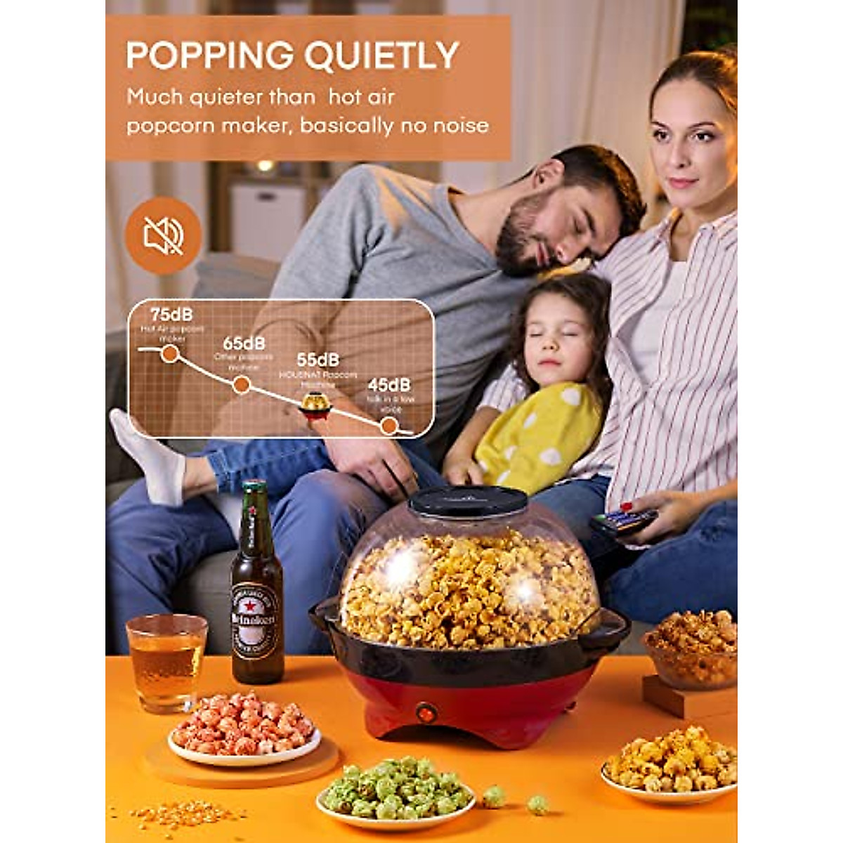 Popcorn Machine, 6.3 Qtrs./28 Cup Popcorn Maker, 800w Stir Crazy Popcorn Popper with Quick-Heat Technology, Removable Non-Stick Surface, Cool Touch Handles, Thicken Transparent Cover, 2 Measuring Cap
