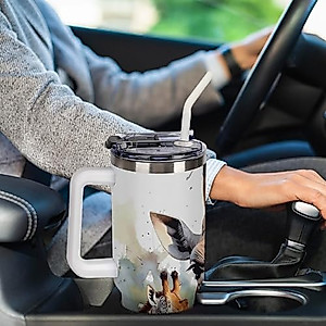 LLUTSNTH 40 Oz Vacuum Tumbler with White Handle Leakproof Insulated Tumbler Watercolor Deer Giraffe Stainless Steel Travel Mug with Lid And Straw Coffee Cup Cute Water Bottles Cup Holder Friendly