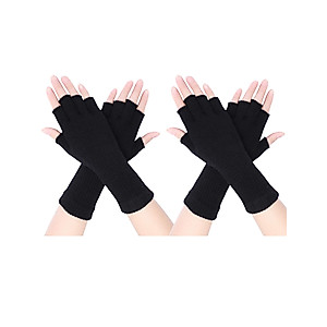 Pangda 2 Pairs Unisex Fingerless Gloves Half Finger Stretchy Knit Gloves Lengthen Wrist Mittens Winter Warm Gloves (Size 1, Black)