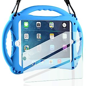 TopEsct Kids Case for iPad Mini 3, 2, 1 with Tempered Glass Screen Protector and Strap, Silicone Shockproof Cover for iPad Mini and iPad Mini 2(Blue)