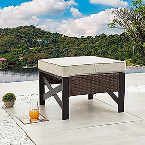 LOKATSE HOME Outdoor Metal Ottoman Patio Rattan Furniture Wicker Footstool Seat with Cushion, Brown