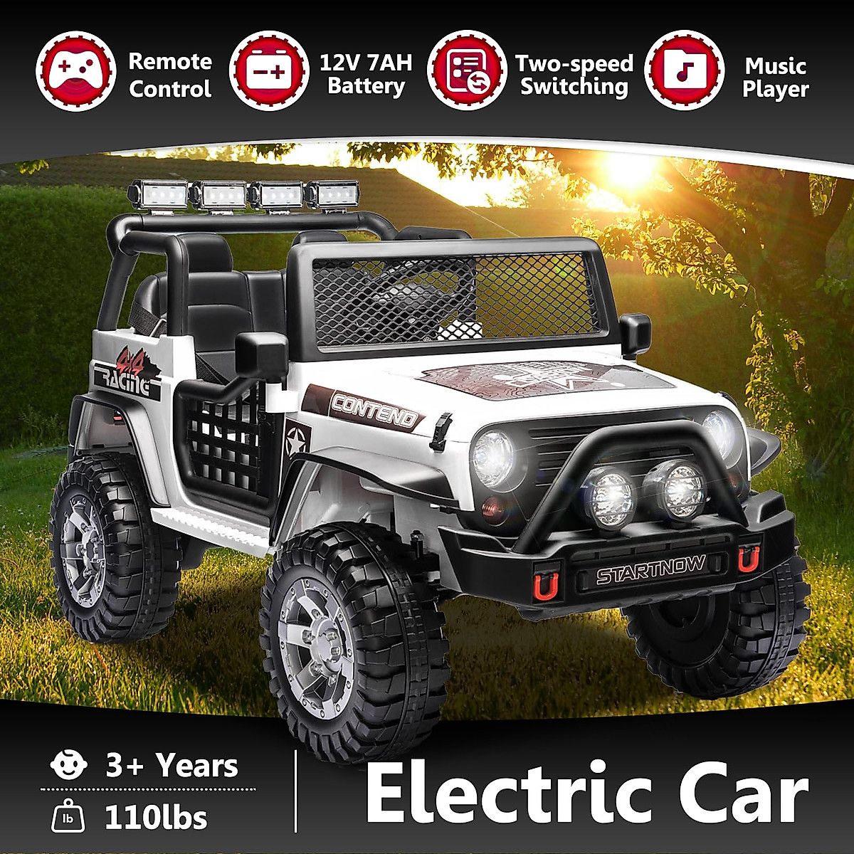 Sopbost 2-Seater Ride on Truck 12V Ride On Toys, Ride On Car with Remote Control Off-Road Battery Powered Electric Car for Kids with 2+1 Gear Shift, Spring Suspension, LED Headlights (White)