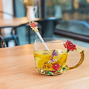 JLTPH Enamel Flower Glass Tea Cup, Clear Lead-Free Coffee Mugs with Spoon Cleaning Cloth, Tea Cup with Elaborate Handle for Women Birthday Valentines Wedding Day Mother's Day Gifts