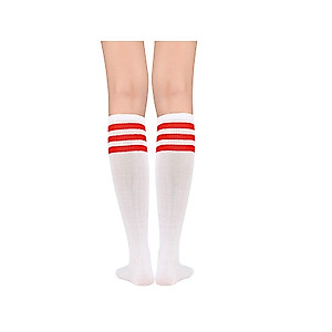 Komorebi Women's Knee High Athletic Socks Stripes Tube Sport Socks Soft Strench High Socks for Women Outdoor White Red One Size