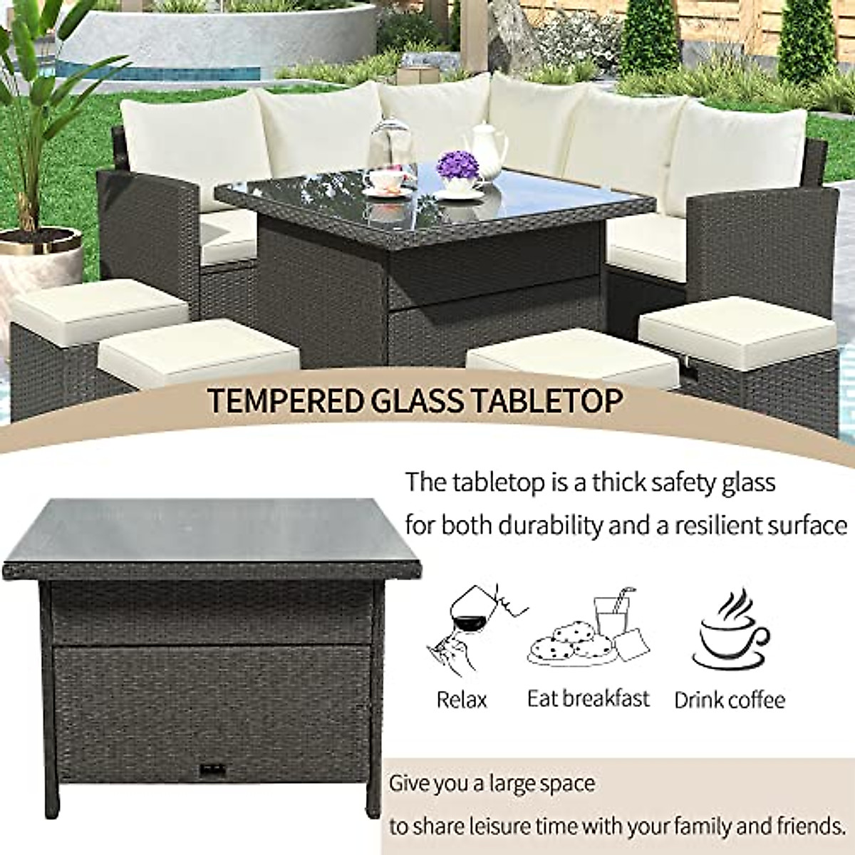 DHHU Patio Furniture, 8 Piece Weather Brown Wicker Sectional Sofa, Outdoor Conversation Set, Dining Table Chair with Ottoman, Cushions, Beige